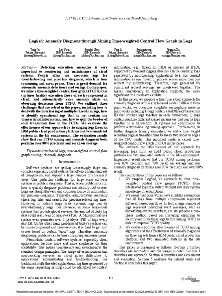 LogSed Anomaly Diagnosis Through Mining Time-Weighted Control Flow Graph in Logs | PDF | Cloud ...