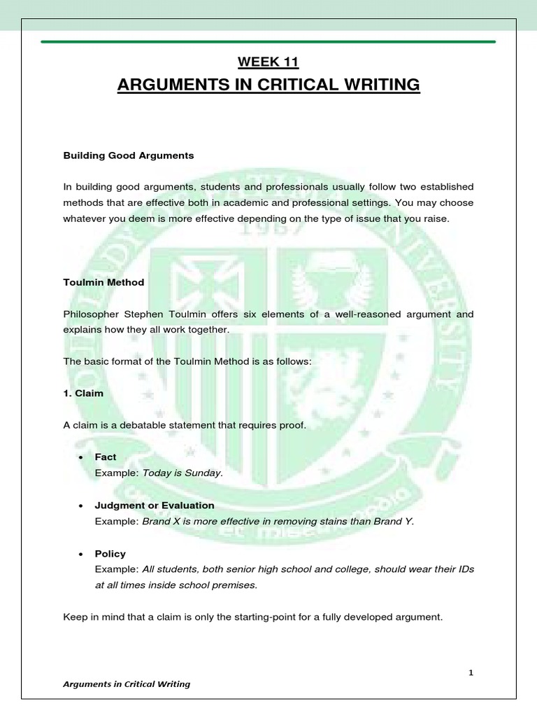 Week 11 - ARGUMENTS IN CRITICAL WRITING | PDF | Argument | Reason
