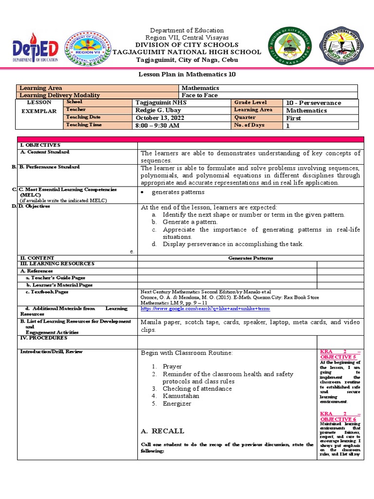 Math 10 Cot 2022 | PDF | Learning | Sequence