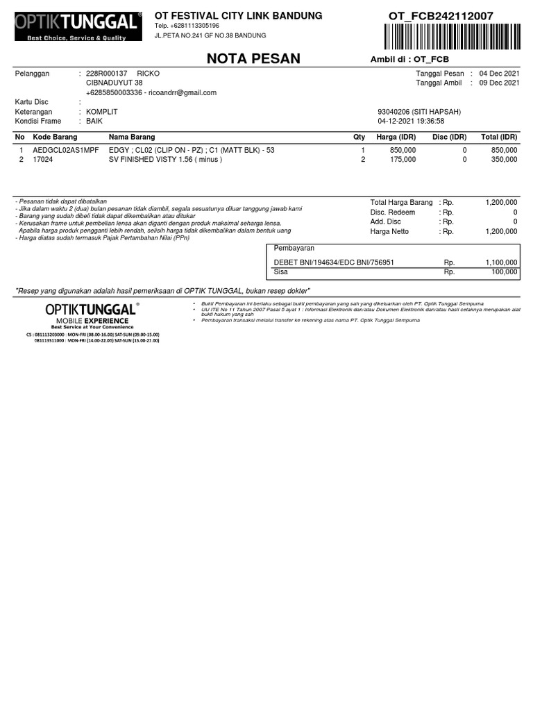 Nota Pesanan Optik Tunggal | PDF