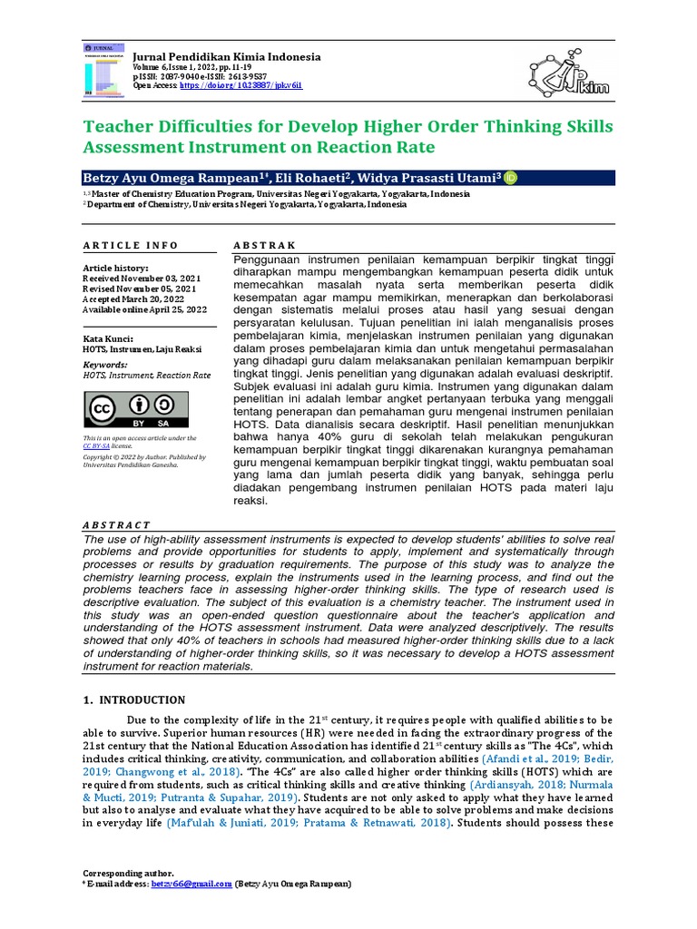 Teacher Difficulties For Develop Higher Order Thinking Skills ...