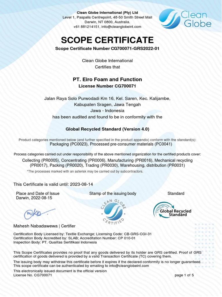 GRS Scope Certificate 2022 CG700072 | PDF | Packaging And Labeling | Recycling