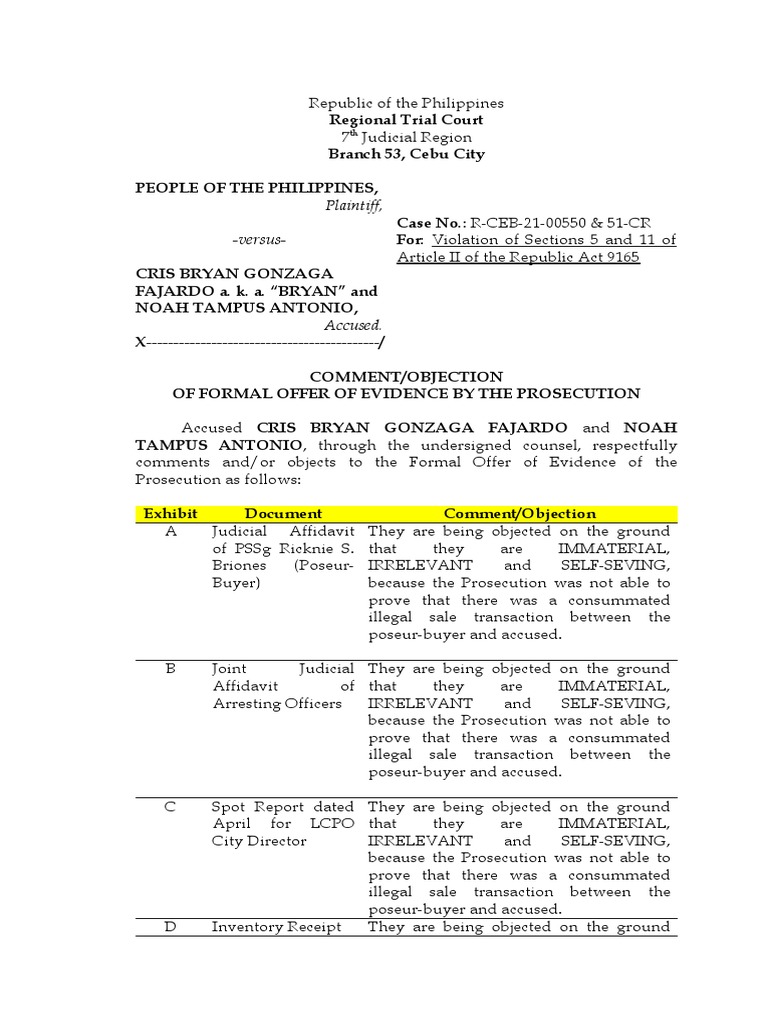 Comment To Formal Offer of Evidence | PDF | Prosecutor | Common Law