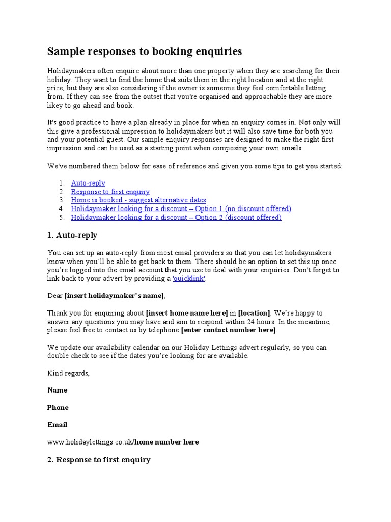 Sample Responses To Booking Enquiries | PDF | Pay Pal