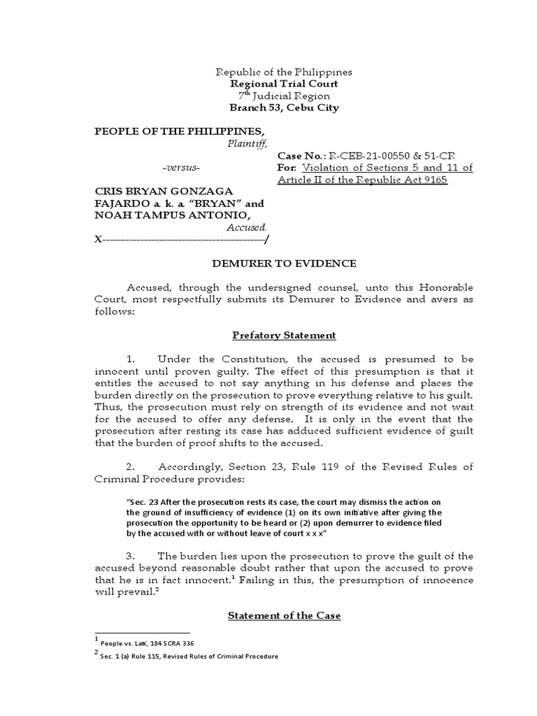 Demurer to Evidence | PDF | Burden Of Proof (Law) | Presumption Of ...