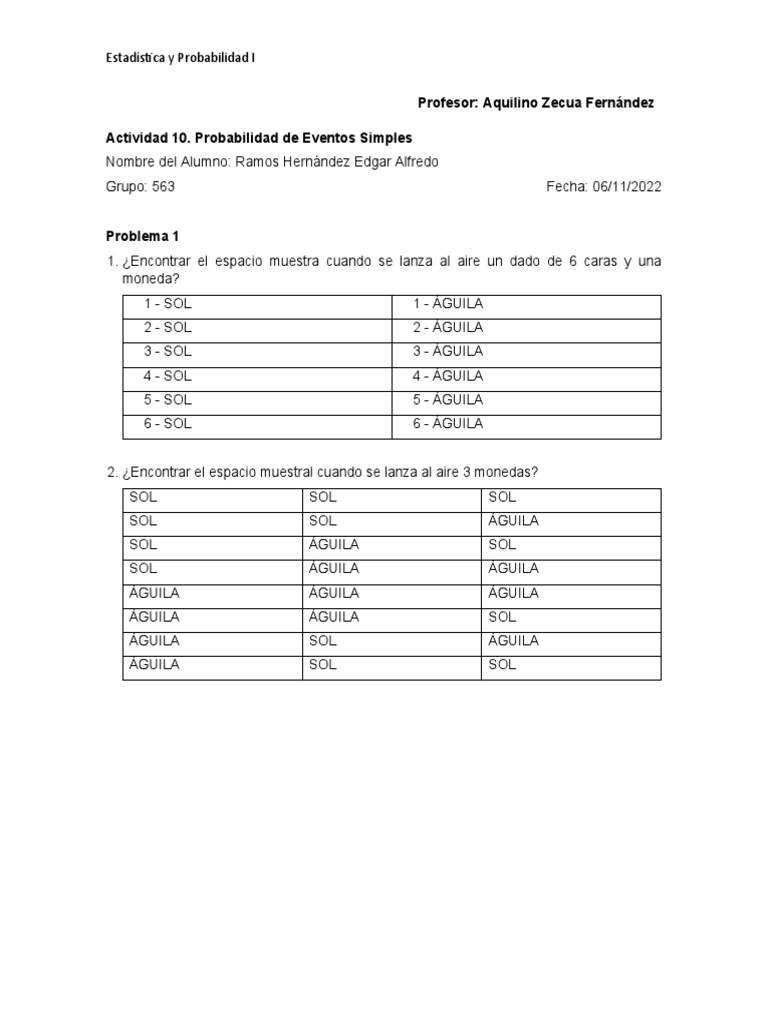 Actividad 10. Probabilidad de Eventos Simples | PDF | Probabilidad ...