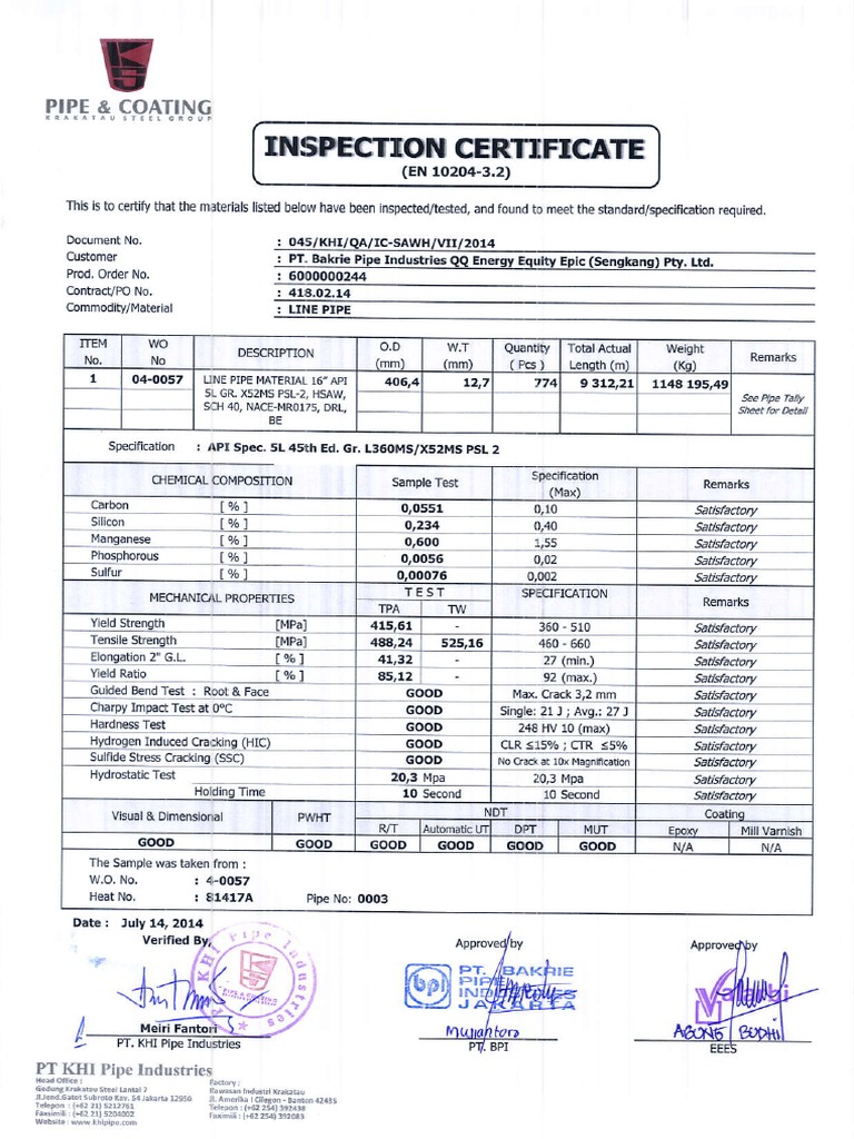 Inspection Certificate for Pipe Materials | PDF