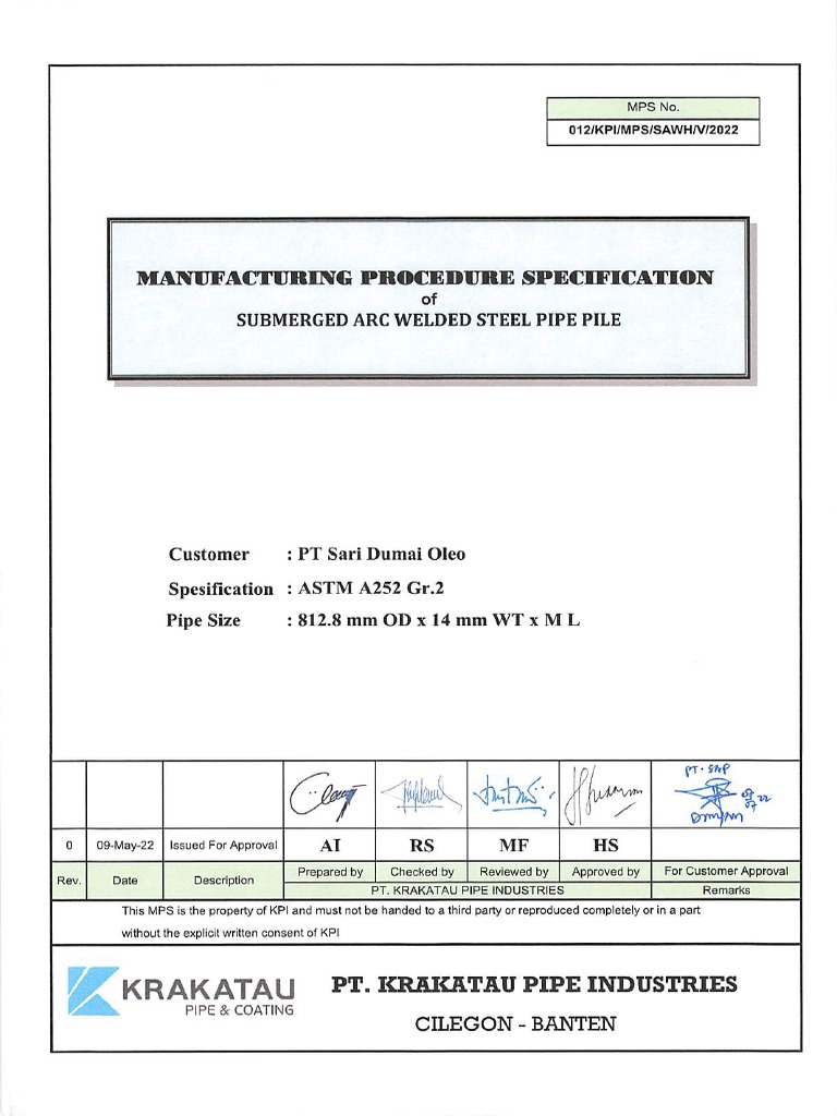 MPS ITP Bare Pipe - PT Sari Dumai Oleo (Signed SAP) | PDF | Welding | Construction