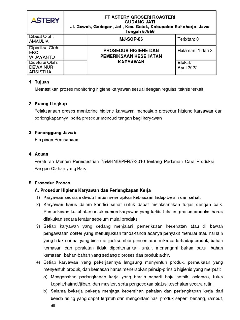 SOP-06-Prosedur Hygiene Dan Pemeriksaan Kesehatan Karyawan | PDF