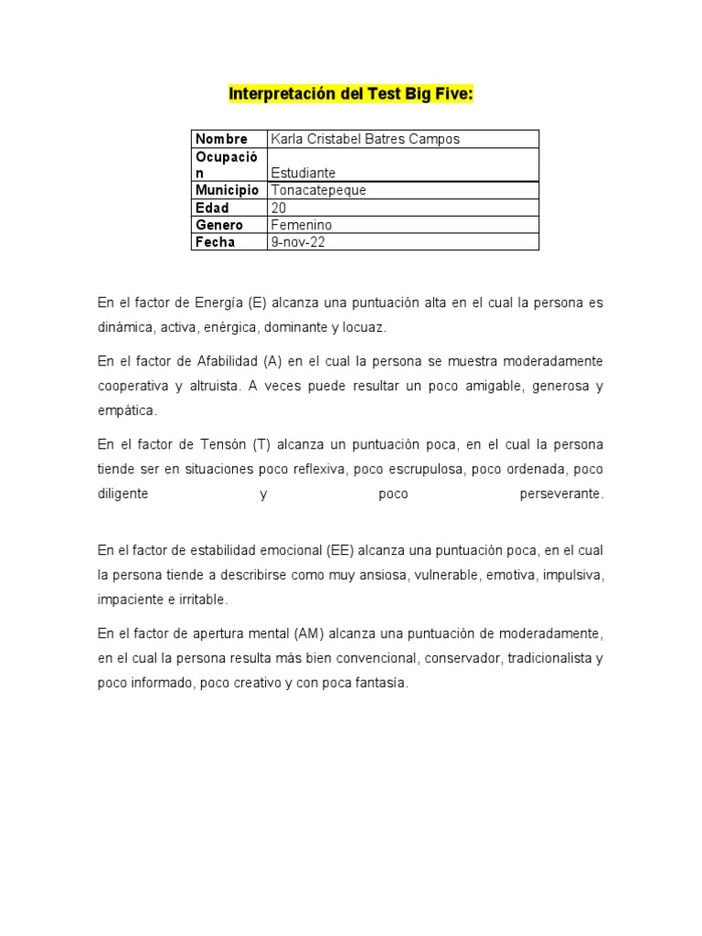 Interpretación del Test Big Five | PDF