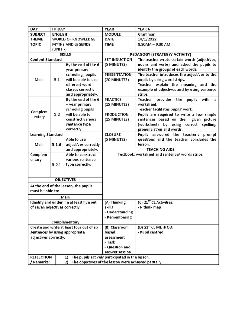 RPH BI YEAR 6 14th Jan 22 | PDF | Teachers | Adjective