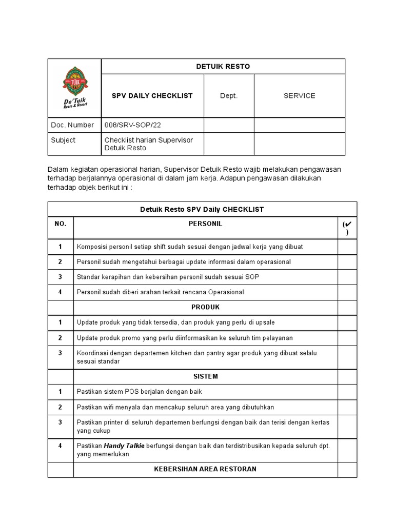 SPV Service Dpt. Sop. | PDF | Griya & Taman