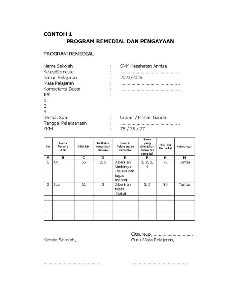 Contoh 1 Program Remedial Dan Pengayaan | PDF