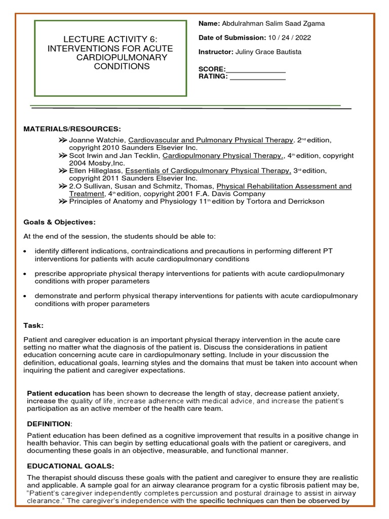 Cardiopulmo Act 6 | PDF | Physical Therapy | Motivational