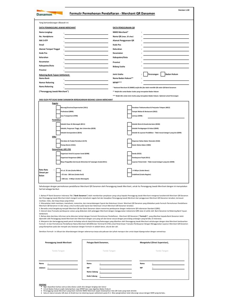 Form Registrasi-QR Merchant Danamon v20200930 v1.02 | PDF