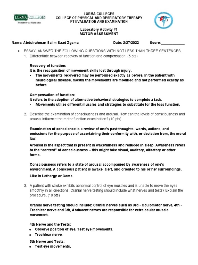 Lab Act 1 - Motor Assessment | PDF | Coma | Consciousness