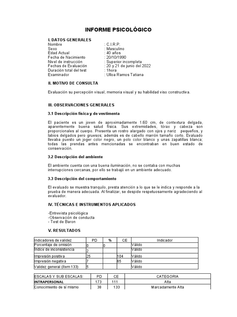 Informe Psicológico Baron | PDF | Validez (Estadísticas) | Ciencias del comportamiento