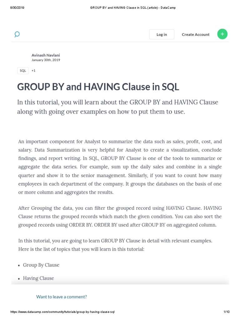 GROUP BY and HAVING Clause in SQL Article DataCamp | PDF | Information Technology | Information ...
