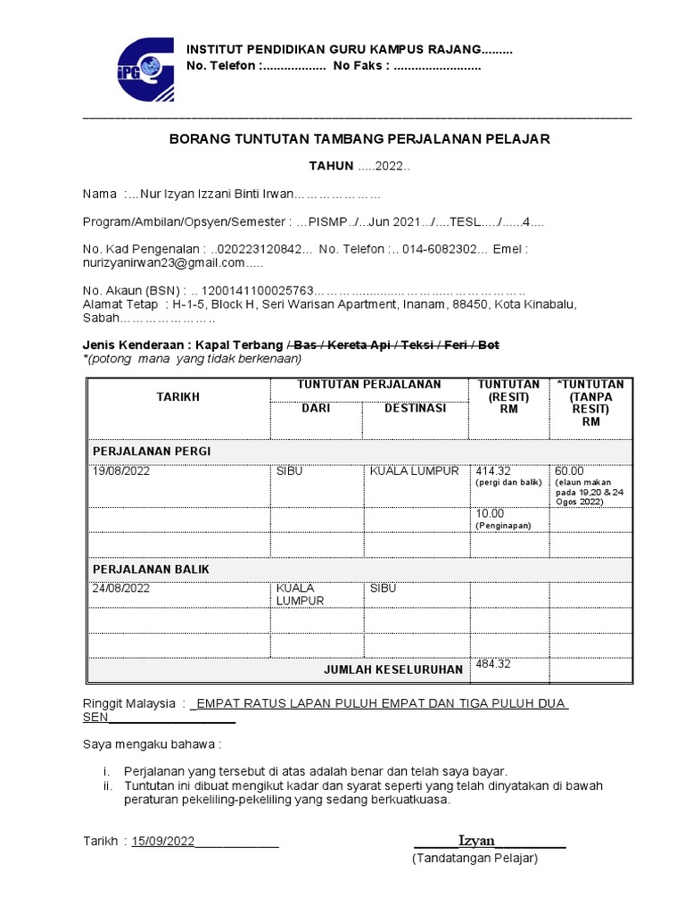 Borang Tuntutan Tambang Perjalanan Pelajar | PDF