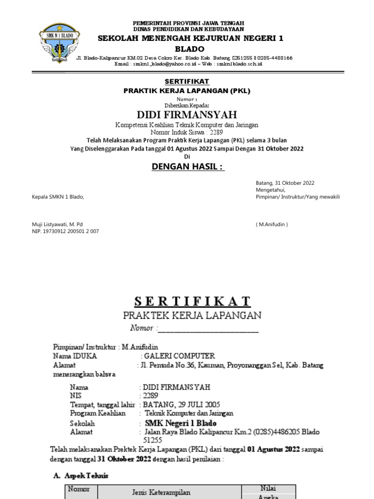 Sertifikat Nilai PKL | PDF