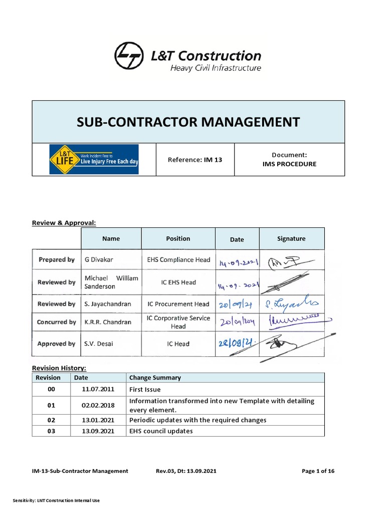 0.IM 13 Sub Contractor Management Procedure | PDF | Personal Protective ...