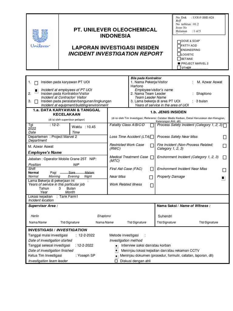 UOI-F-SHE-028 Form Laporan Investigasi Insiden 12.2__ | PDF