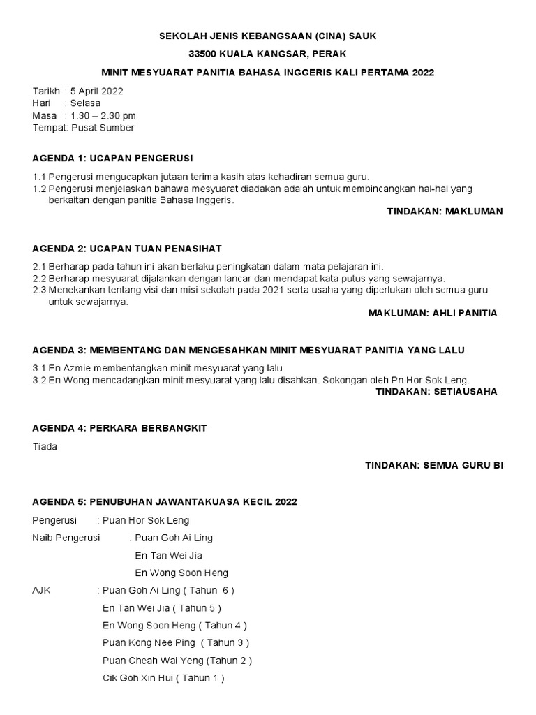 Minit Mesyuarat Bi1 2022 | PDF