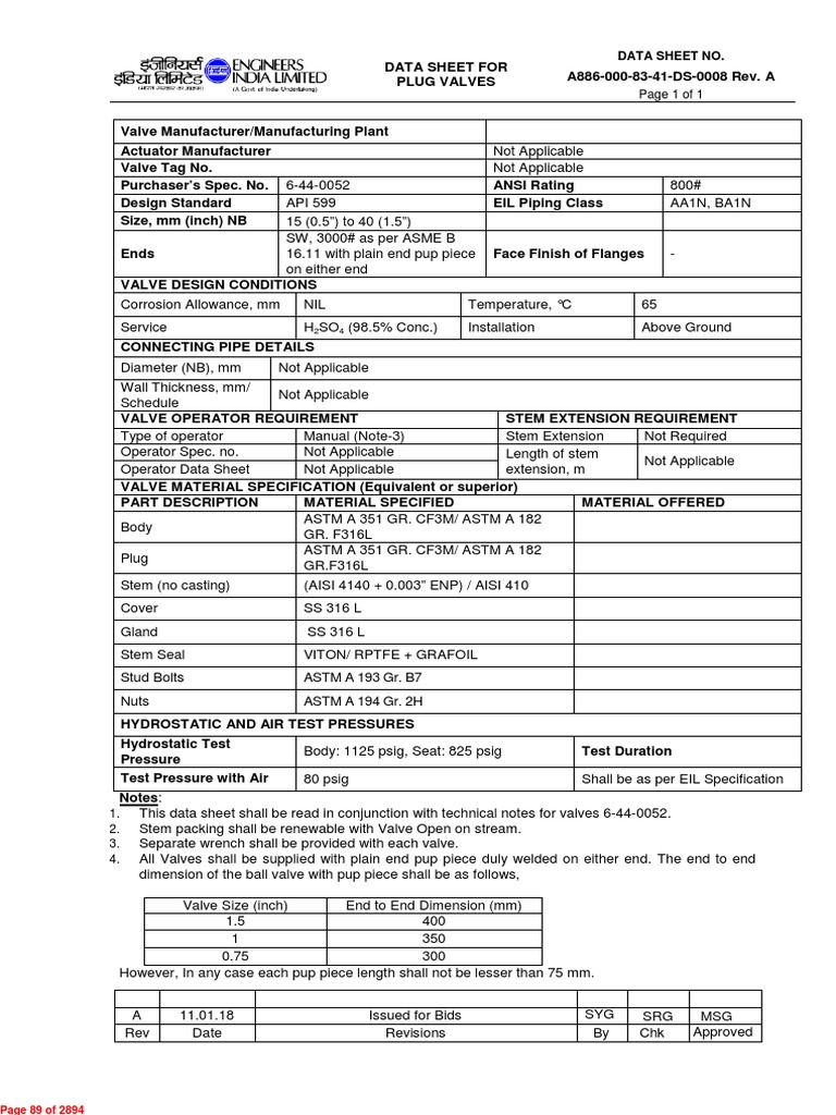 Data Sheet For Plug Valve | PDF | Valve | Pipe (Fluid Conveyance)