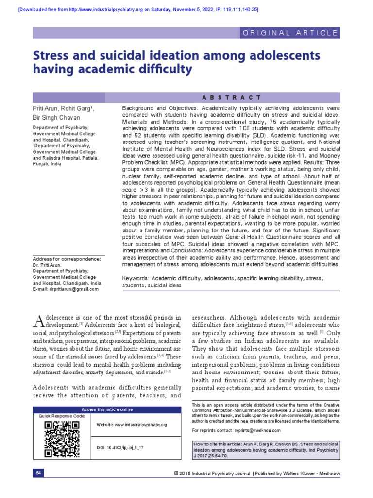 Arun, Garg, & Chavan (2017) Stress and Suicidal Ideation Among ...