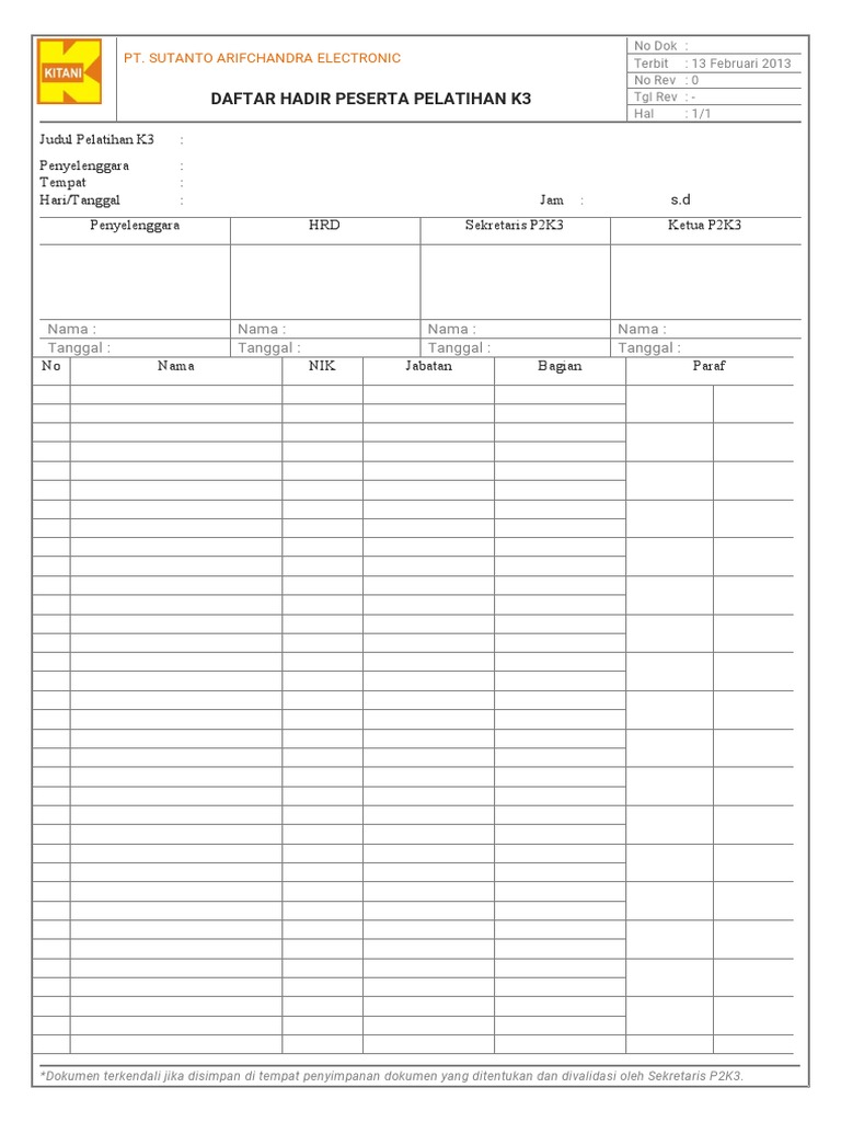 Formulir Daftar Hadir Peserta Pelatihan K3 | PDF