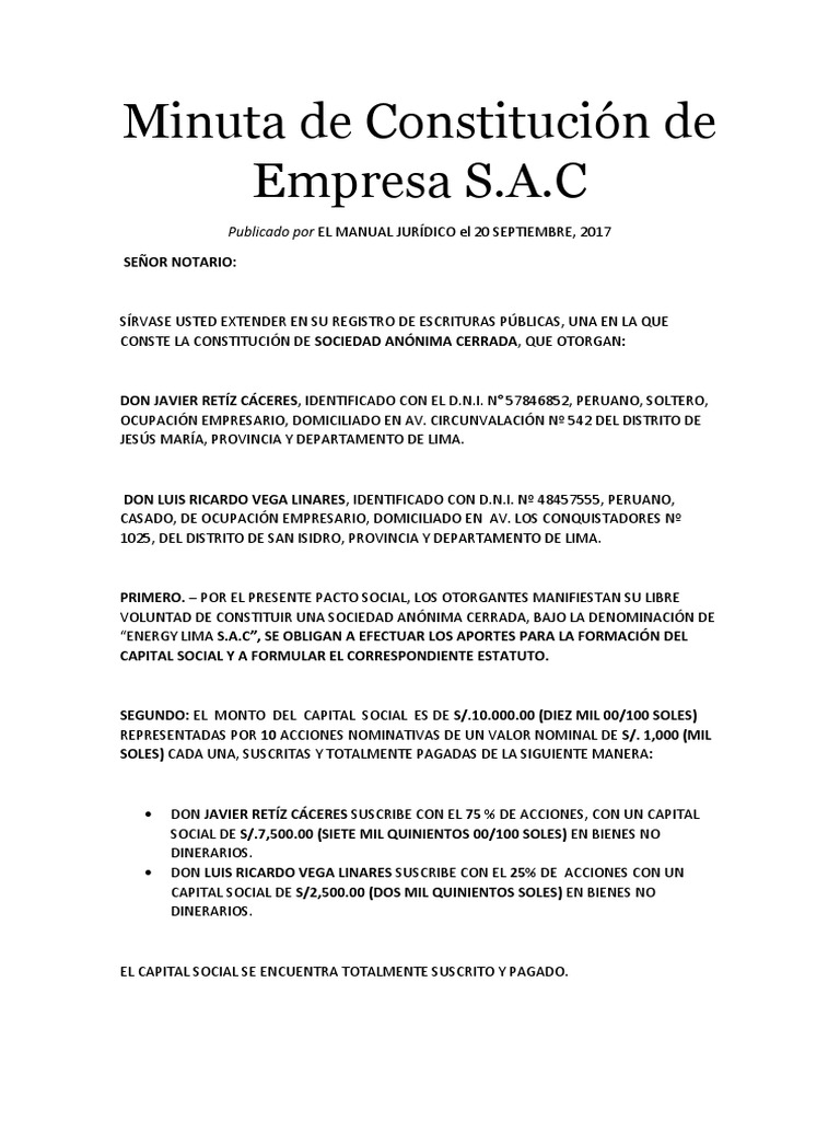 Minuta de Constitución de Empresa S | PDF | Refrigeración | Arrendamiento