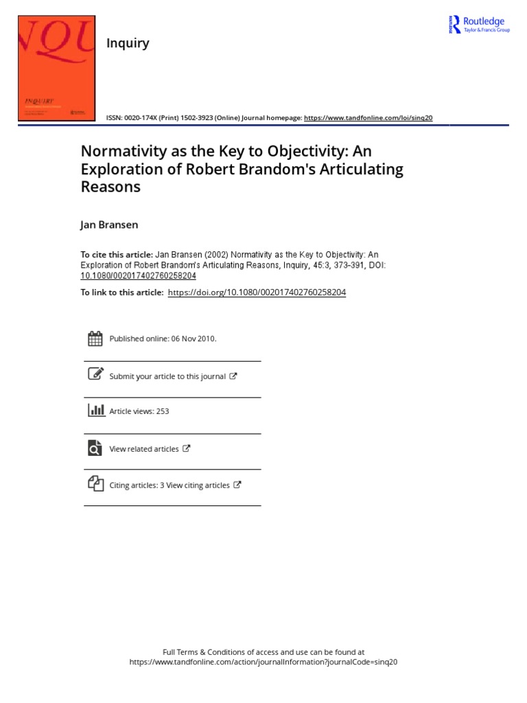Normativity As The Key To Objectivity An Exploration of Robert Brandom ...