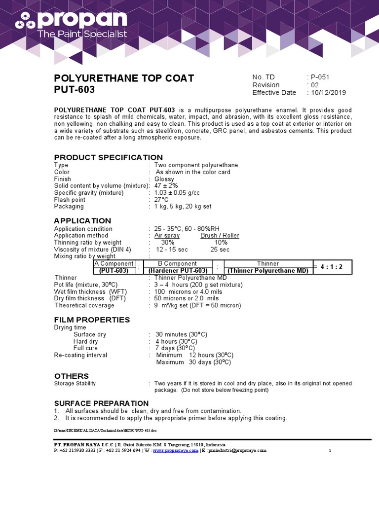 Propan PU Top Coat PUT-603 Specifications | PDF | Polyurethane | Epoxy