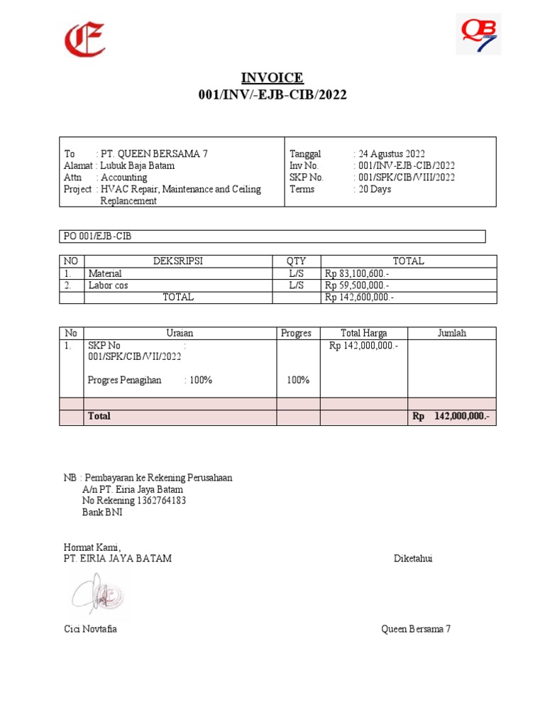 Invoice HVAC Repair PT. Queen Bersama 7 | PDF | Pengelolaan Keuangan & Uang