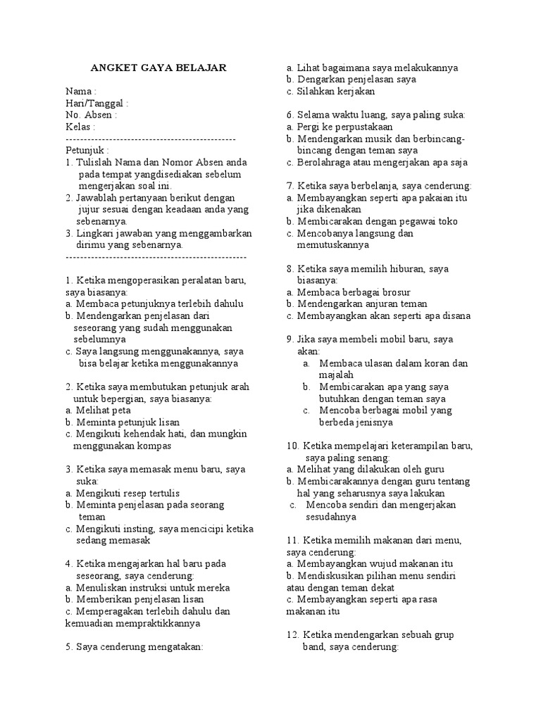 Angket Gaya Belajar | PDF