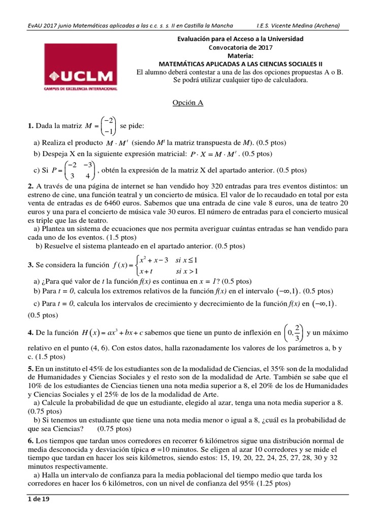 Examen Resuelto EBAU Matematicas CCSS II 2017 - Castilla La Mancha - Convocatoria Ordinaria ...