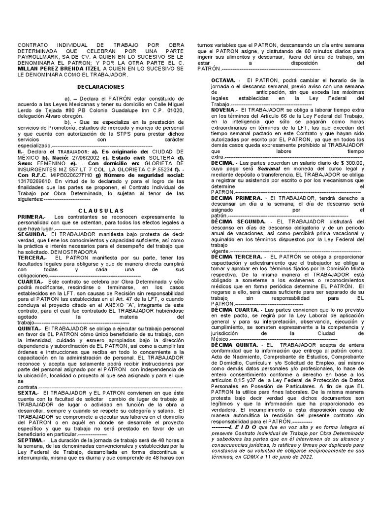 Contrato Laboral por Obra Determinada | PDF | Justicia | Crimen y violencia