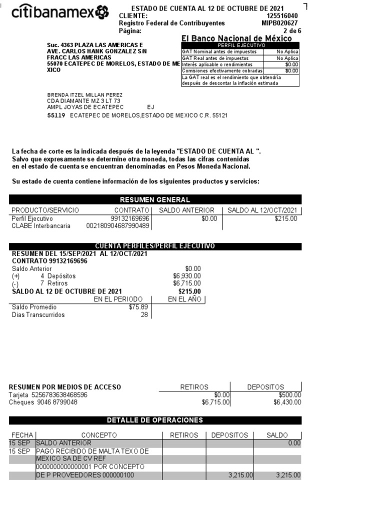 Estado de Cuenta al 12 de Octubre 2021 | PDF | Pagos | Economias