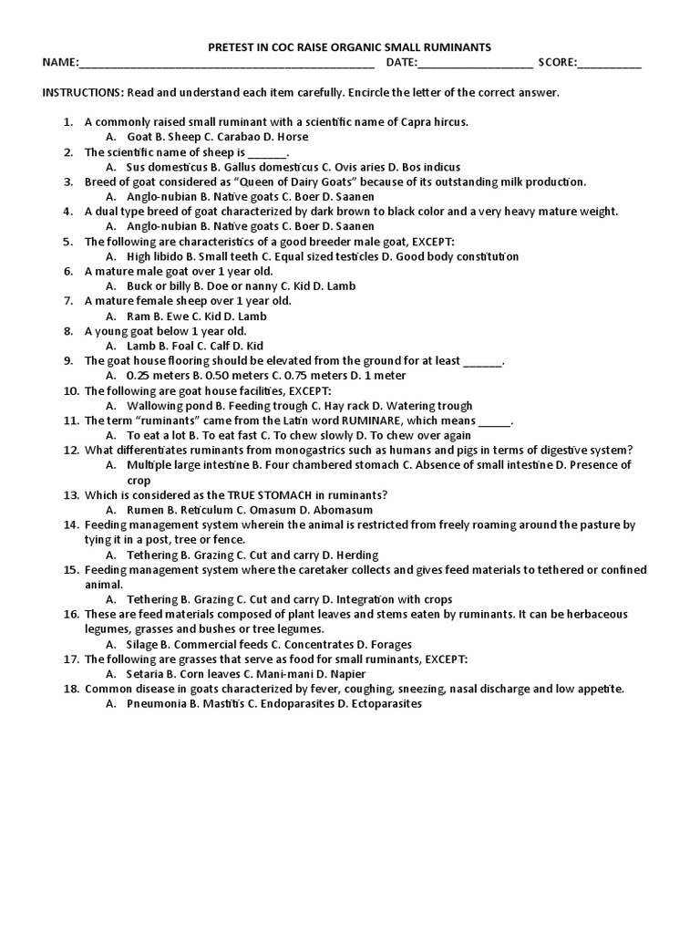 COC PRETEST ORGANIC SMALL RUMINANTS | PDF | Goat | Sheep