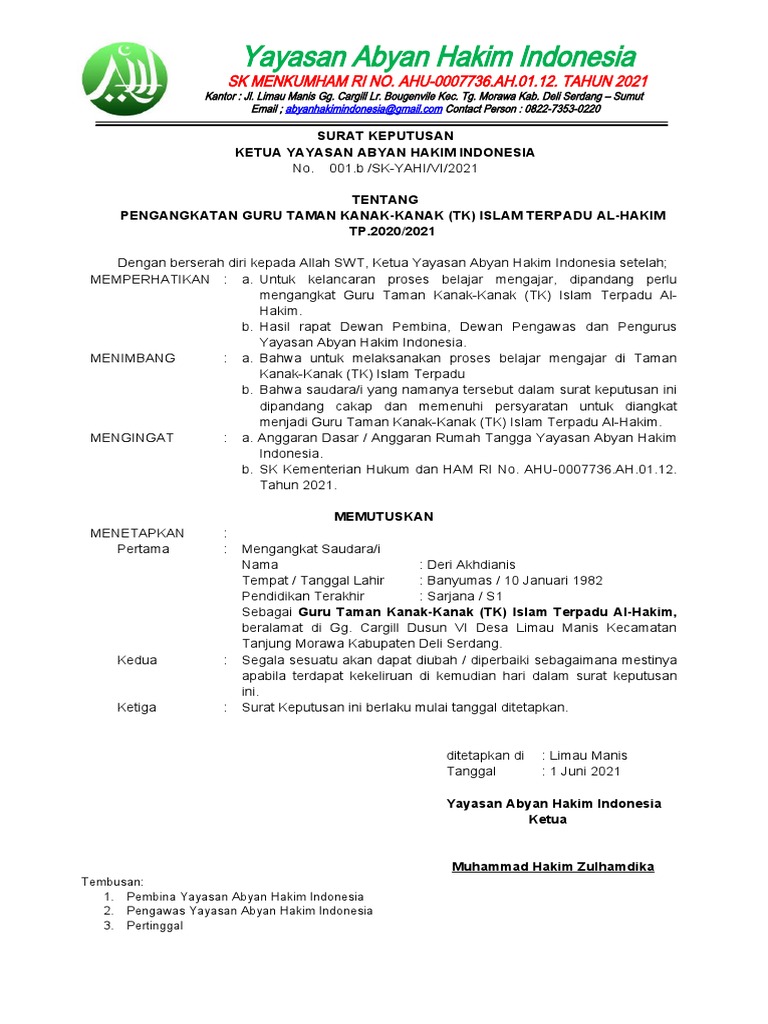 SK Pengangkatan Guru TK Al-Hakim | PDF