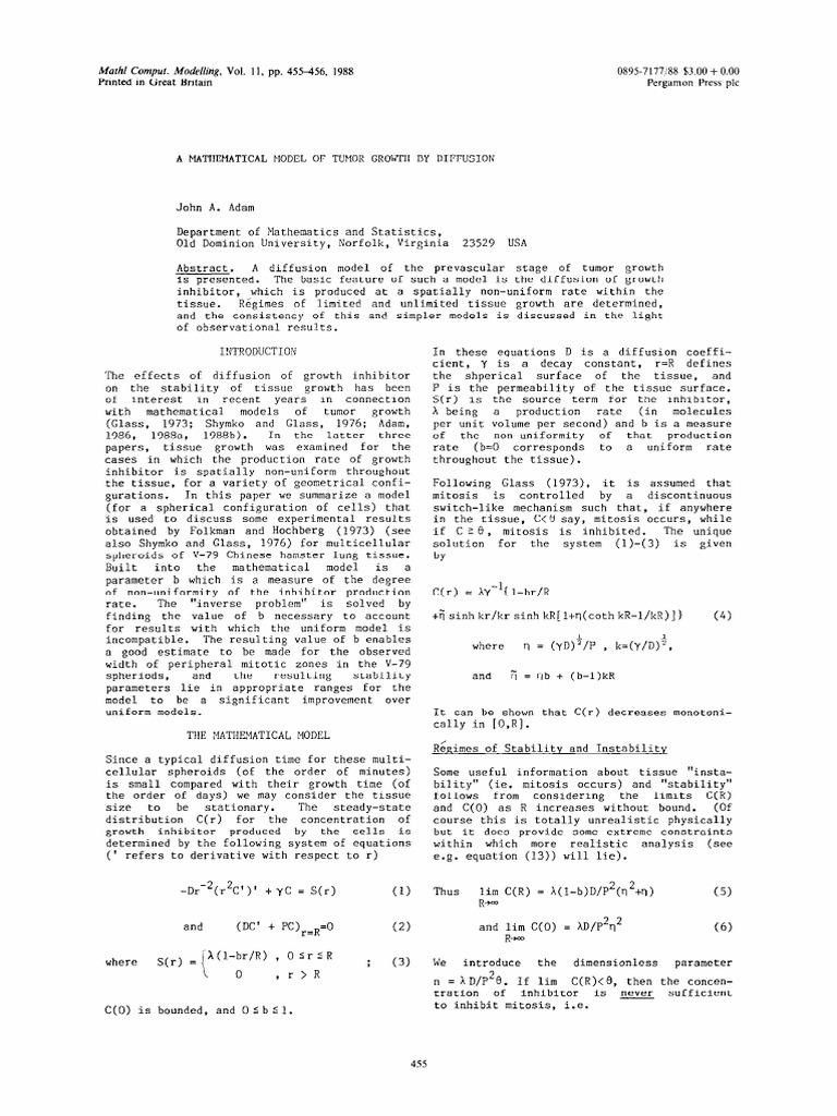 A Mathematical Model of Tumor Growth by D 1988 Mathematical and ...