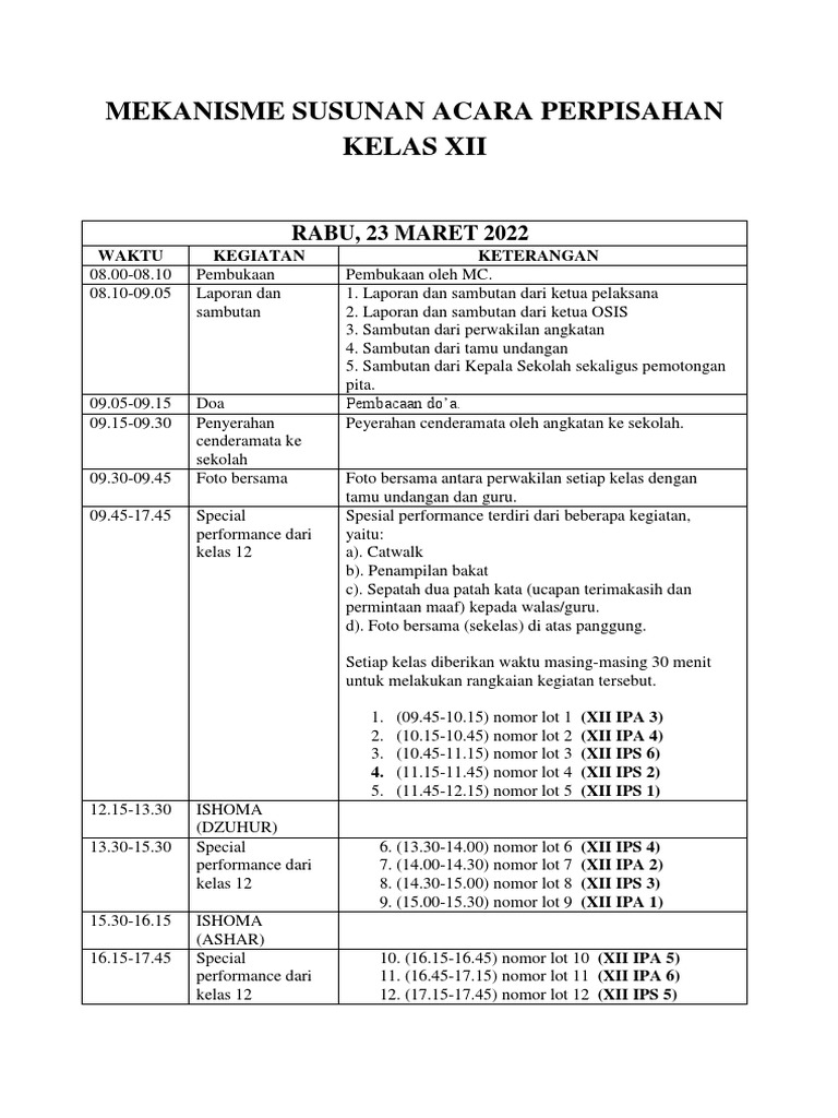 Rundown Acara Perpisahan Kelas Xii Hyphoenix 22 | PDF