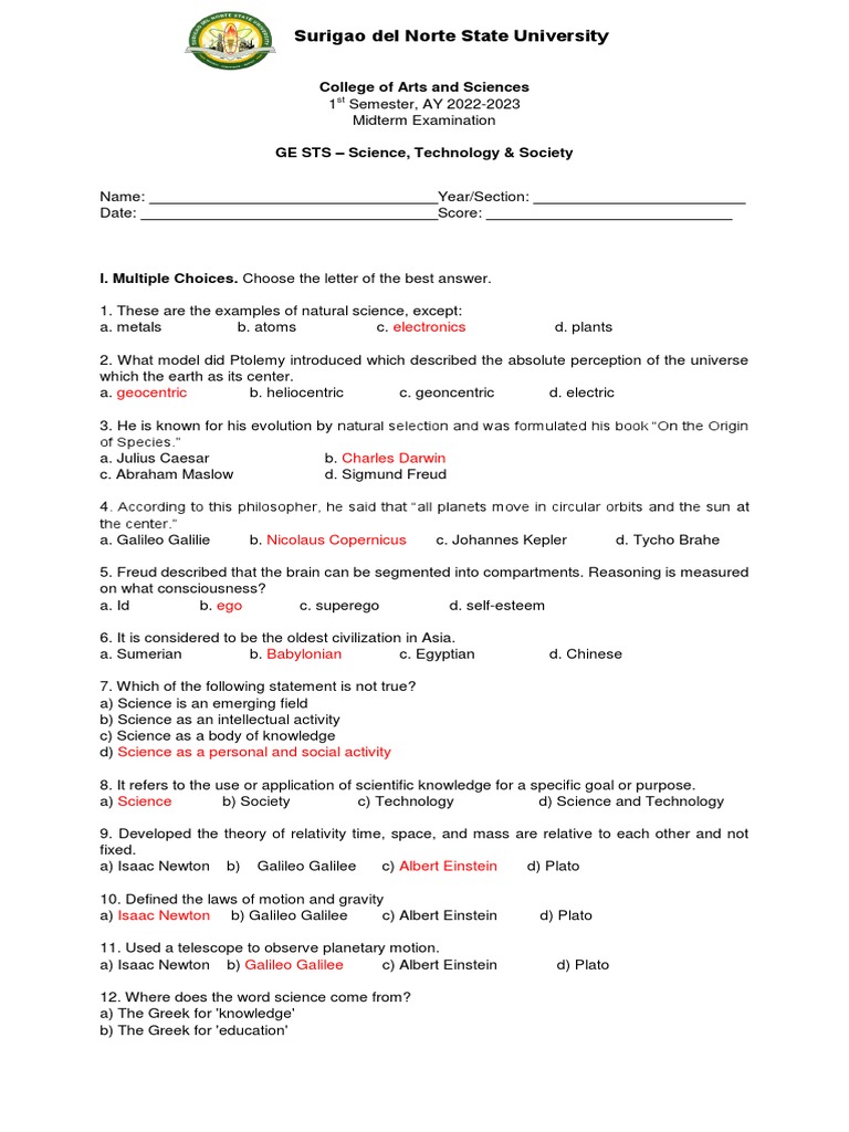 Sts Midterm Exam (Answer Key) | PDF | Id | Science Sts Midterm Exam (Answer Key) | PDF | Id | Science
