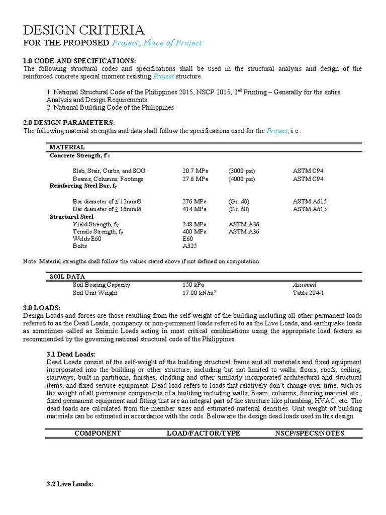 Sample Design Criteria | PDF | Structural Load | Wall