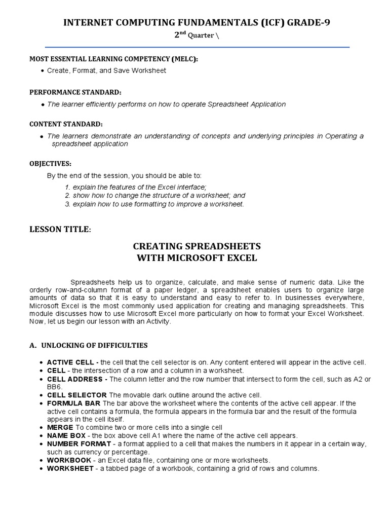 Internet Computing Fundamentals (Icf) Grade-9: Quarter | PDF | Microsoft Excel | Spreadsheet