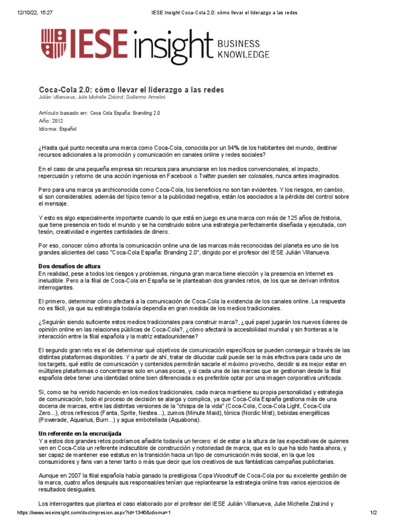 IESE Insight Coca-Cola 2.0 - Cómo Llevar El Liderazgo A Las Redes | PDF | Coca Cola | Marca