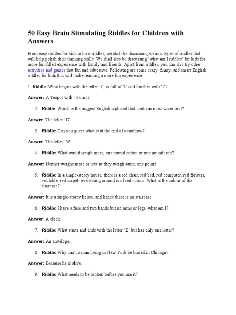50 Easy Brain Stimulating Riddles For Children With Answers | PDF | Riddle