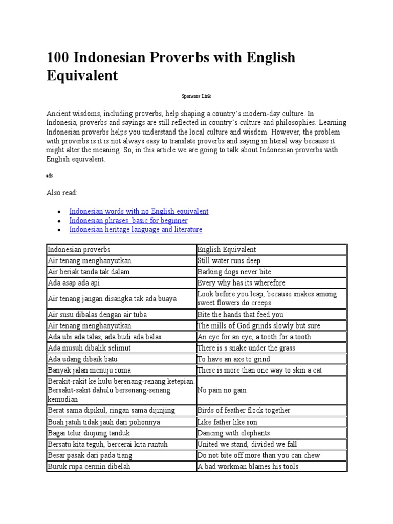 100 Indonesian Proverbs With English Equivalent | Download Free PDF | Proverb | Indonesian Language