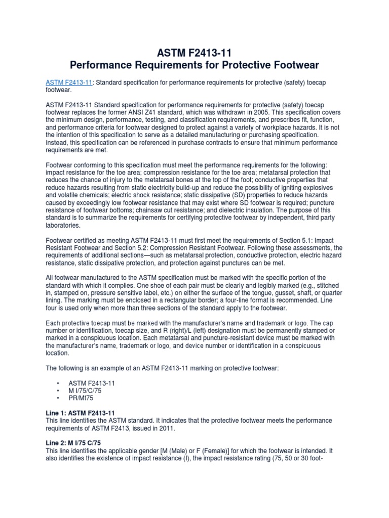 ASTM F2413-11 Protective Footwear Standards | PDF | Electrical ...