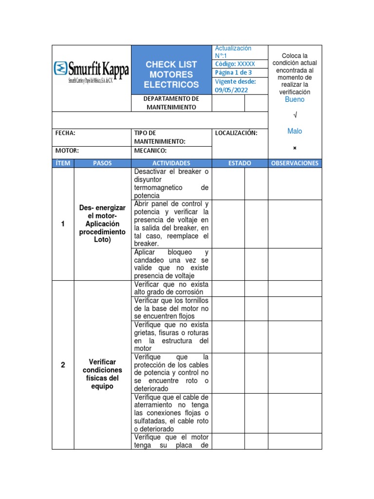 Check List Motores Corrugado | PDF | Componentes eléctricos ...